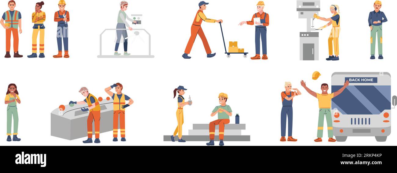 Flat set of male and female factory workers in uniform isolated vector ...