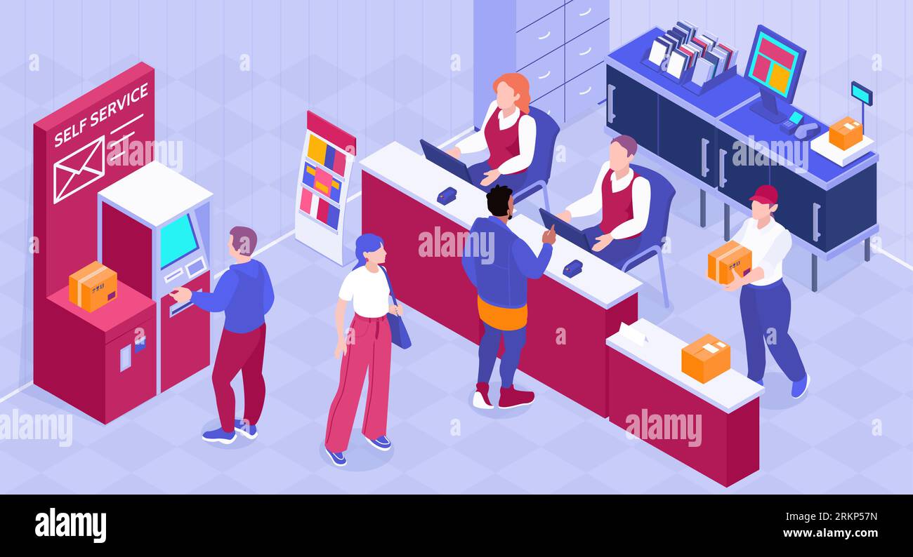 Isometric post office composition with indoor view of branch with ...