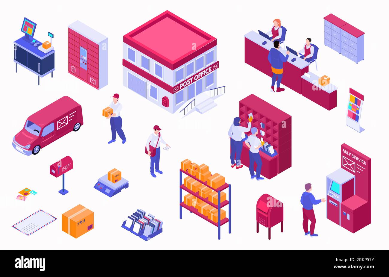 Isometric post office set with isolated icons of parcels on shelves ...