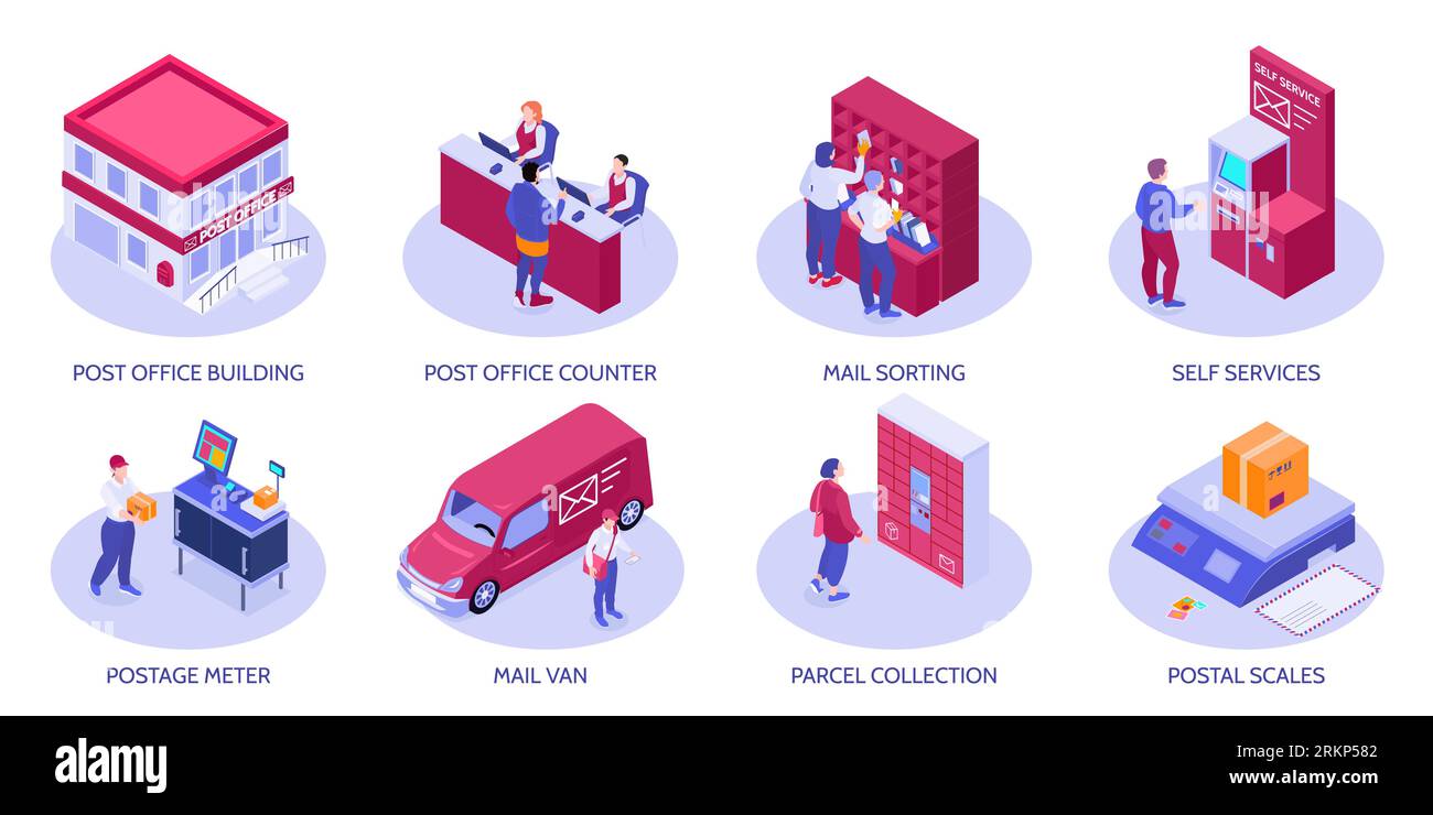 Set of eight isolated isometric post office compositions with text ...