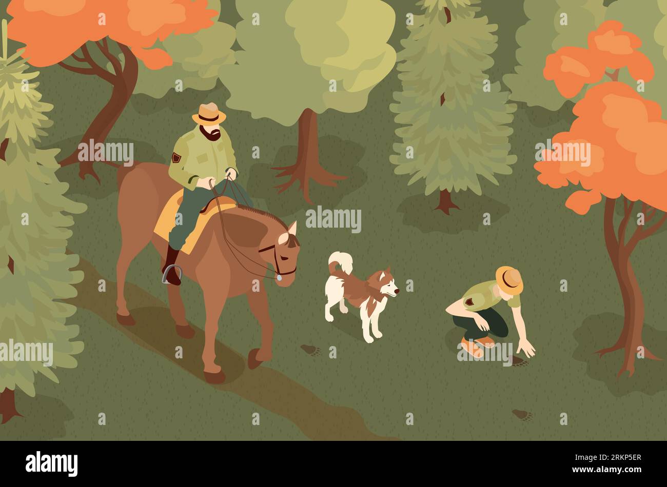 Isometric forest ranger composition with outdoor scenery and rangers on ...
