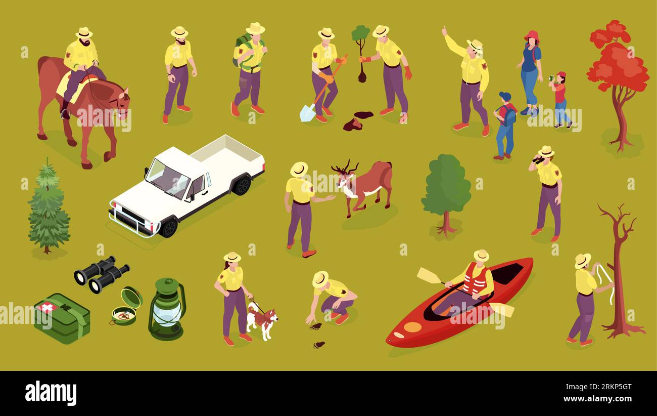 Isometric forest ranger color set of isolated icons with trees animals ...