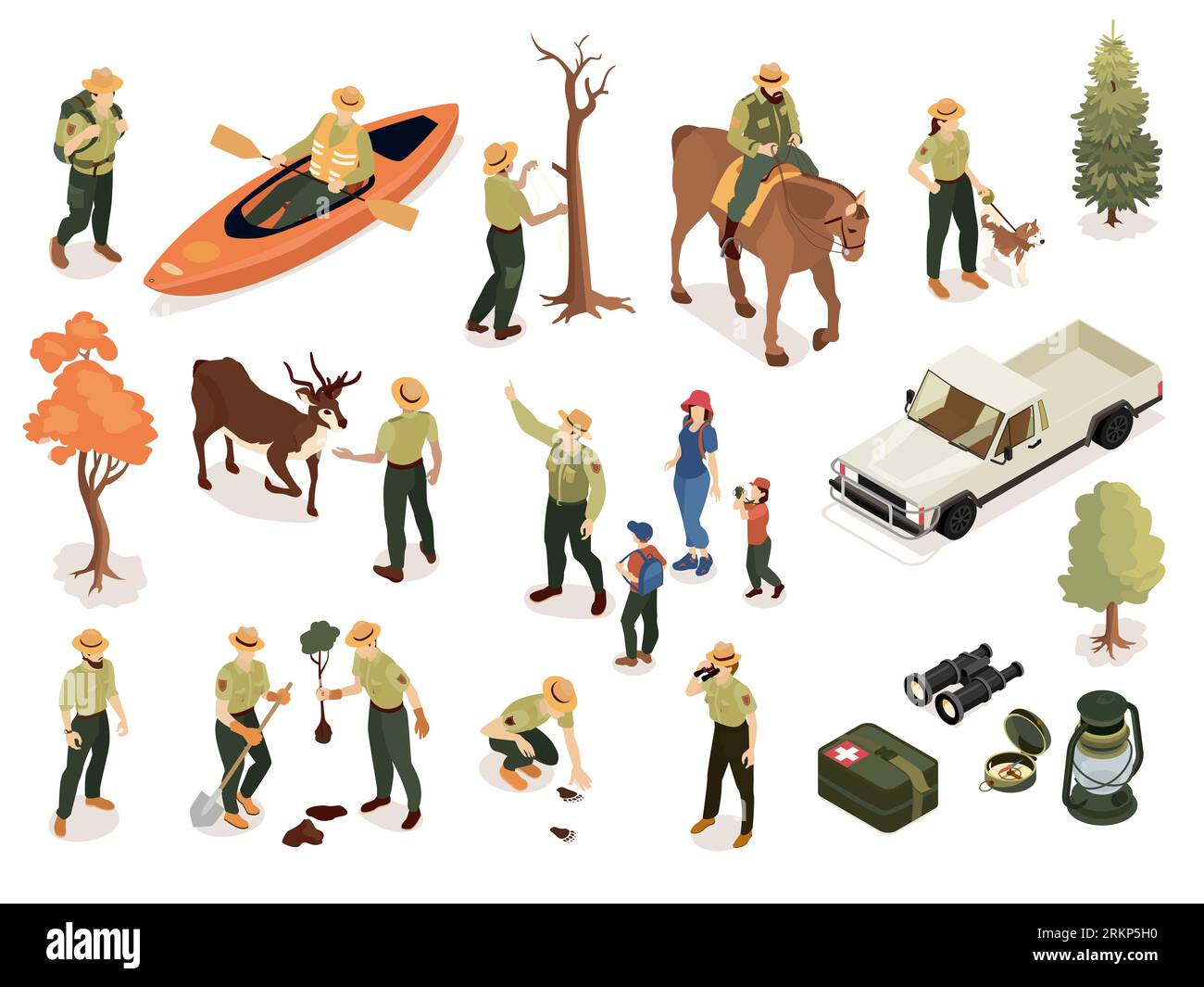 Isometric forest reserve ranger set of isolated icons with inflatable ...