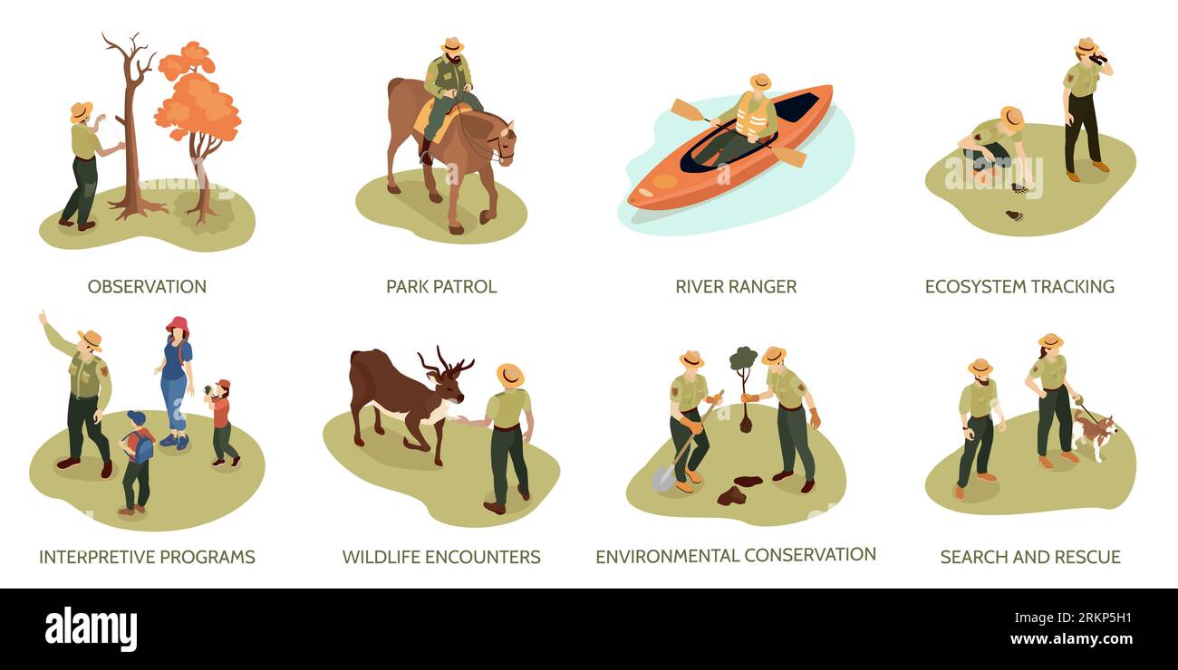 Isometric forest ranger set of compositions with text and outdoor ...