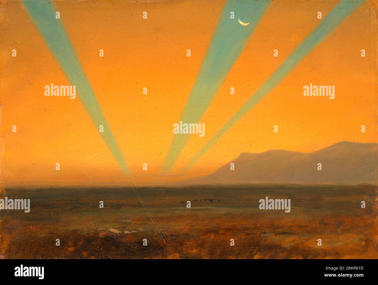 Landscape with sunset, orange-yellow sky with radiating green rays ...