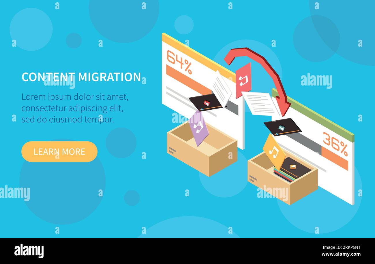 Horizontal content management isometric banner with content migration ...