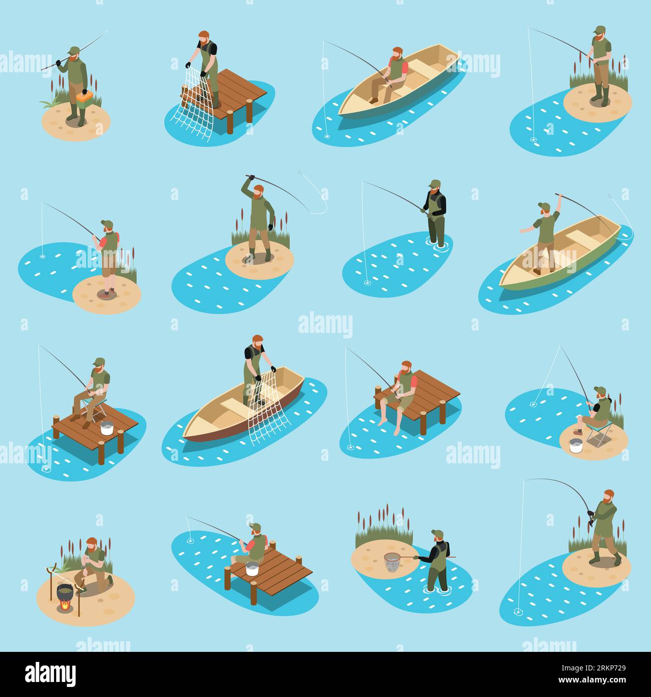 Fishing fisherman isometric icon set with different types of fishing ...