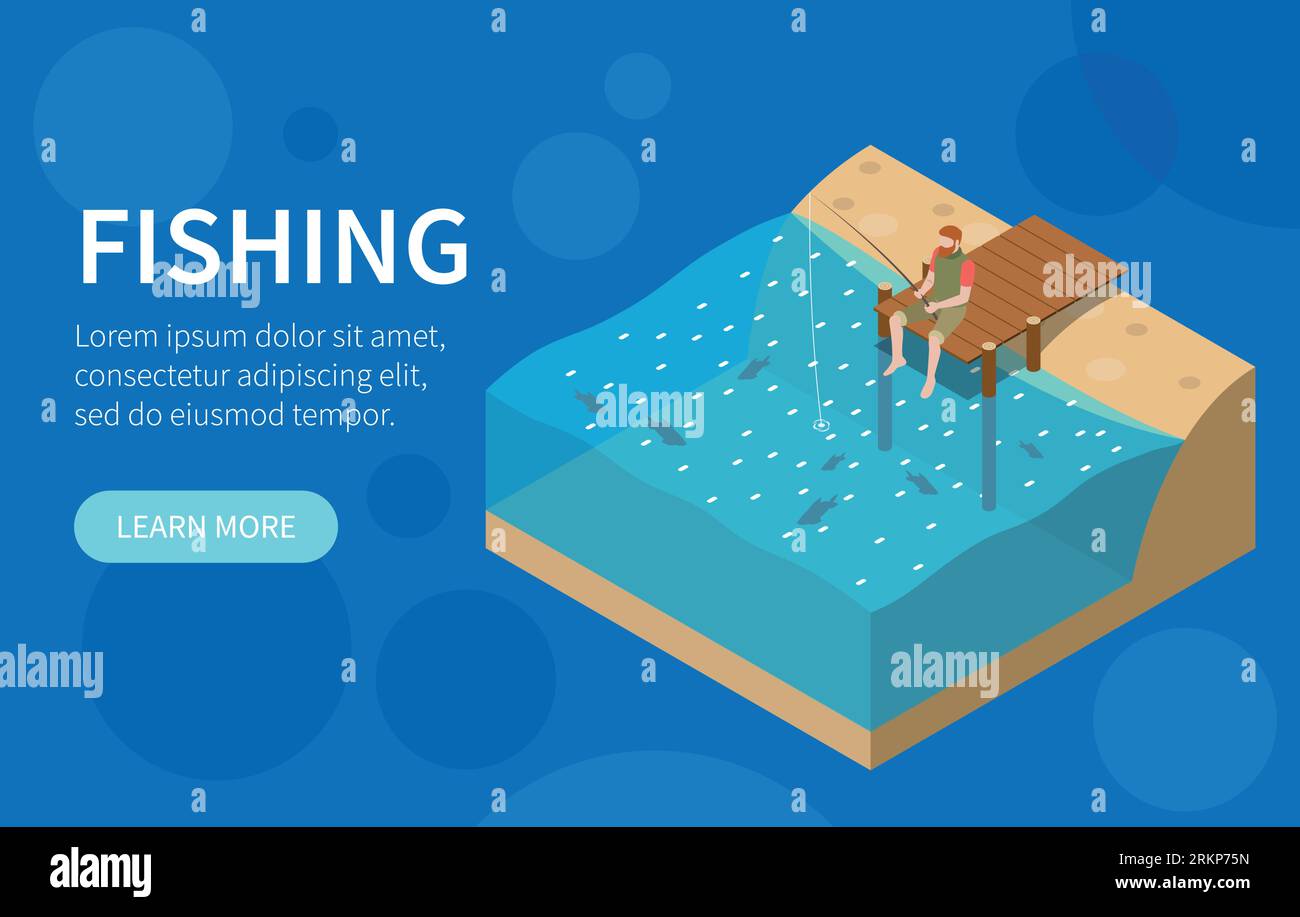 Horizontal fishing fisherman isometric banner with big headline and ...