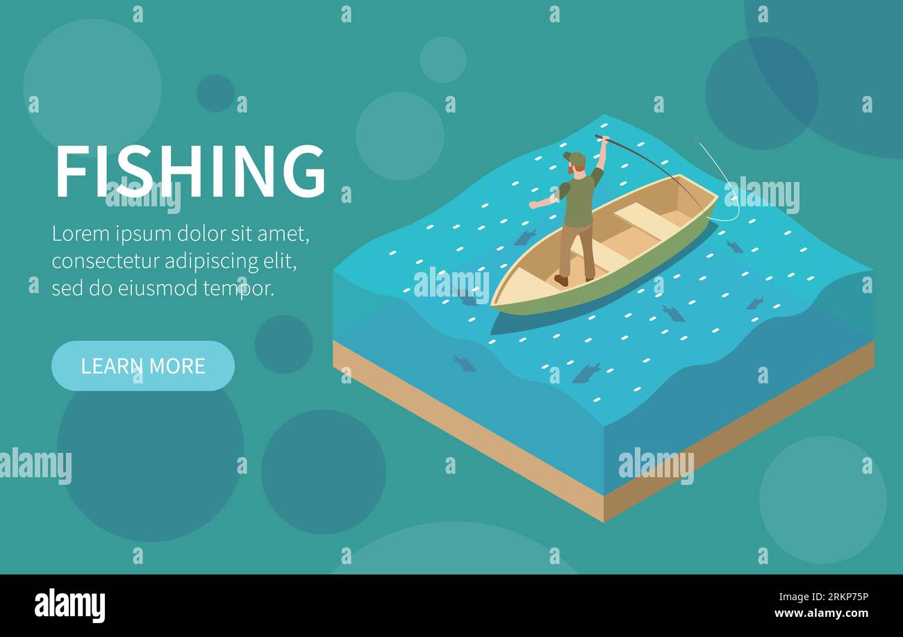 Horizontal fishing fisherman isometric banner with big headline and ...