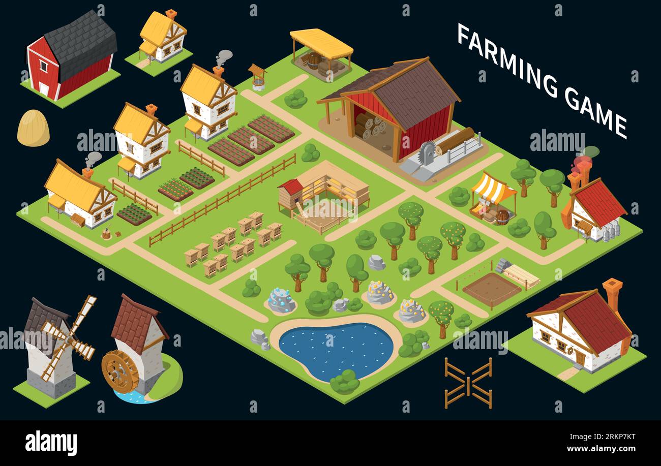 Colored and isometric game concept with farming game headline houses ...
