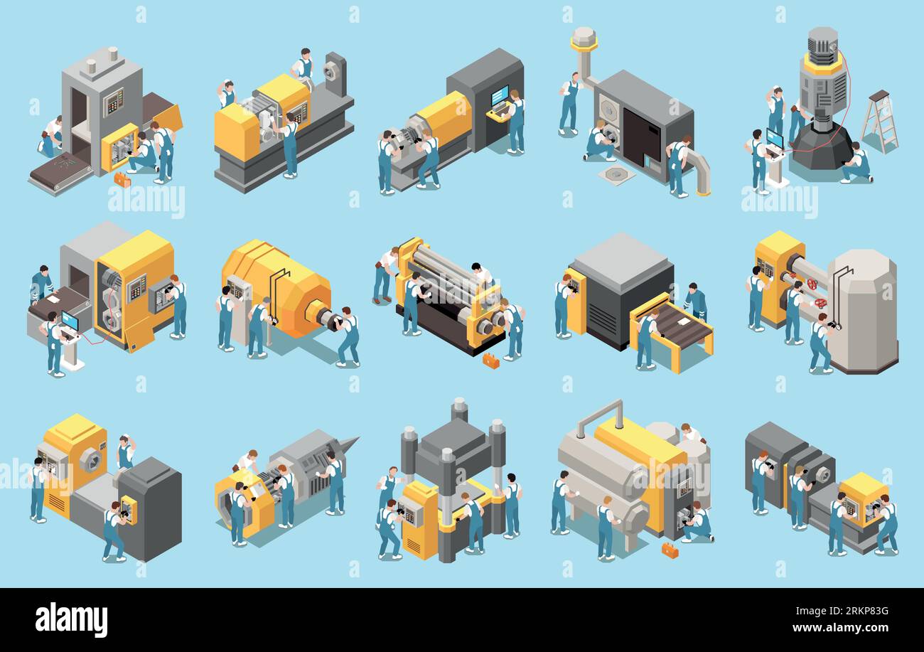 Industrial maintenance engineer technician isometric icon set with installation and ...