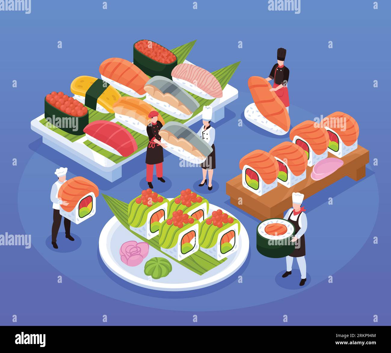 Various types of sushi and maki on trays and plate and tiny characters ...