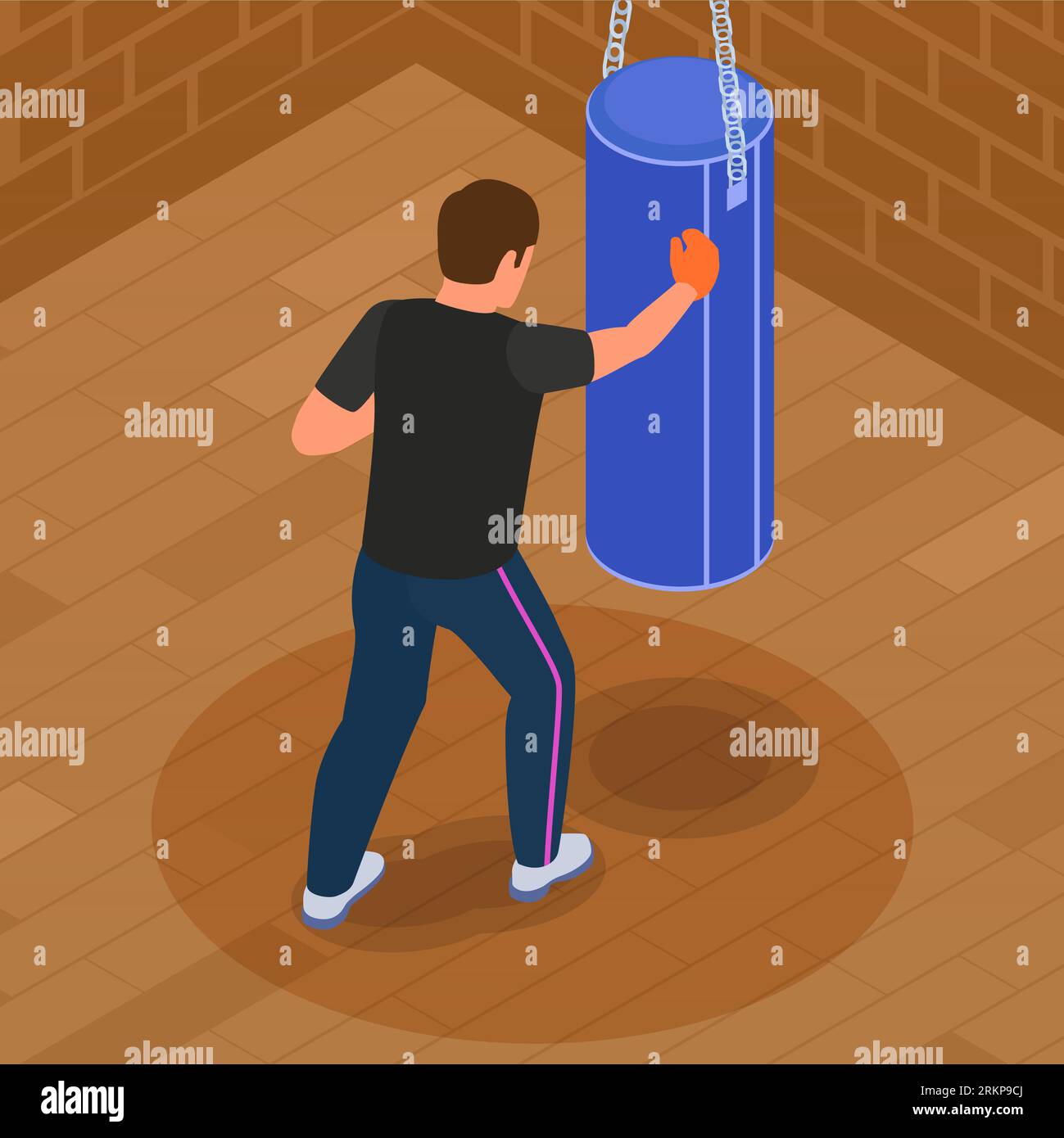 Man practising self defence in gym training with punching bag isometric ...