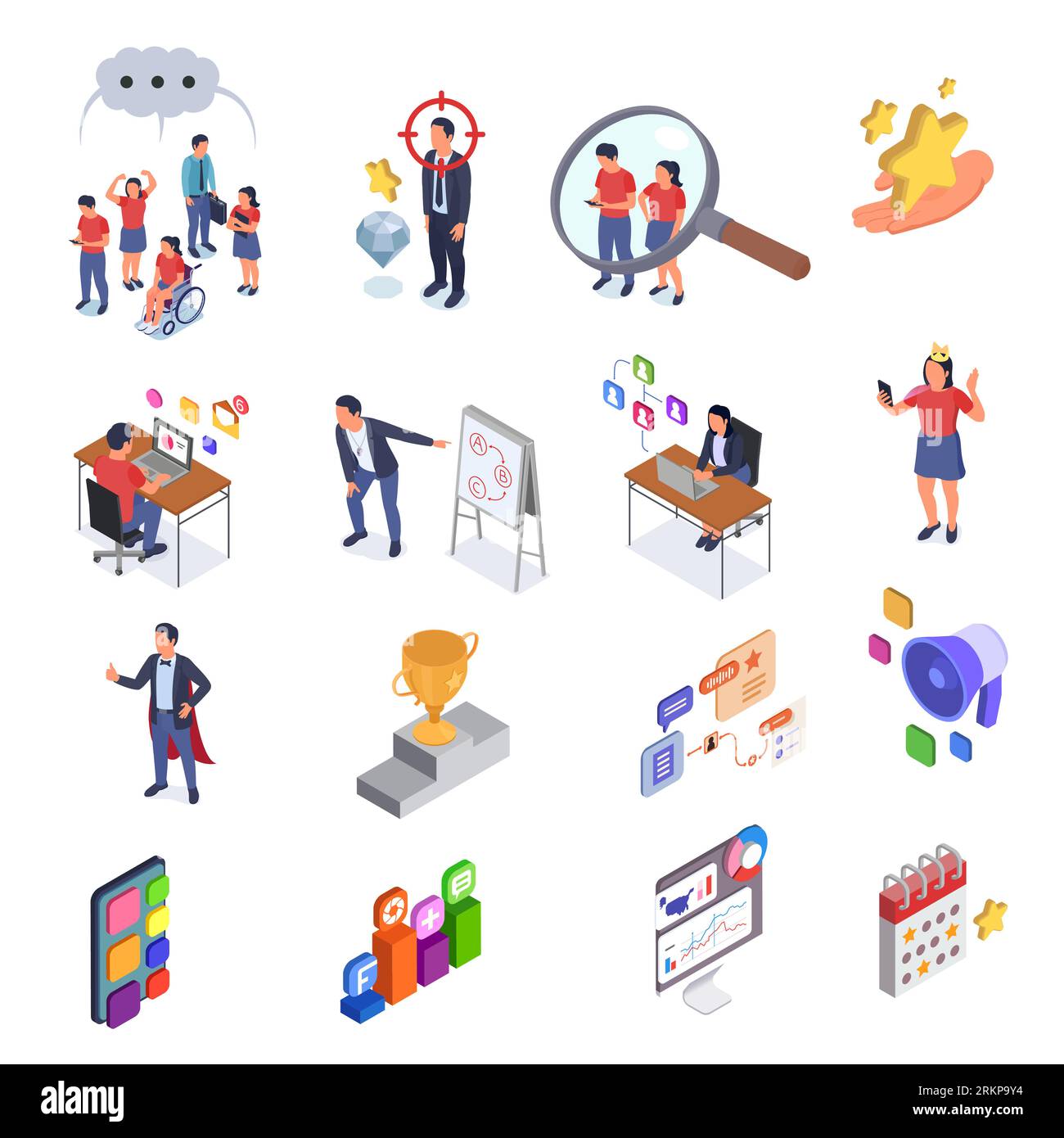 Community management social media isometric icons set with characters ...