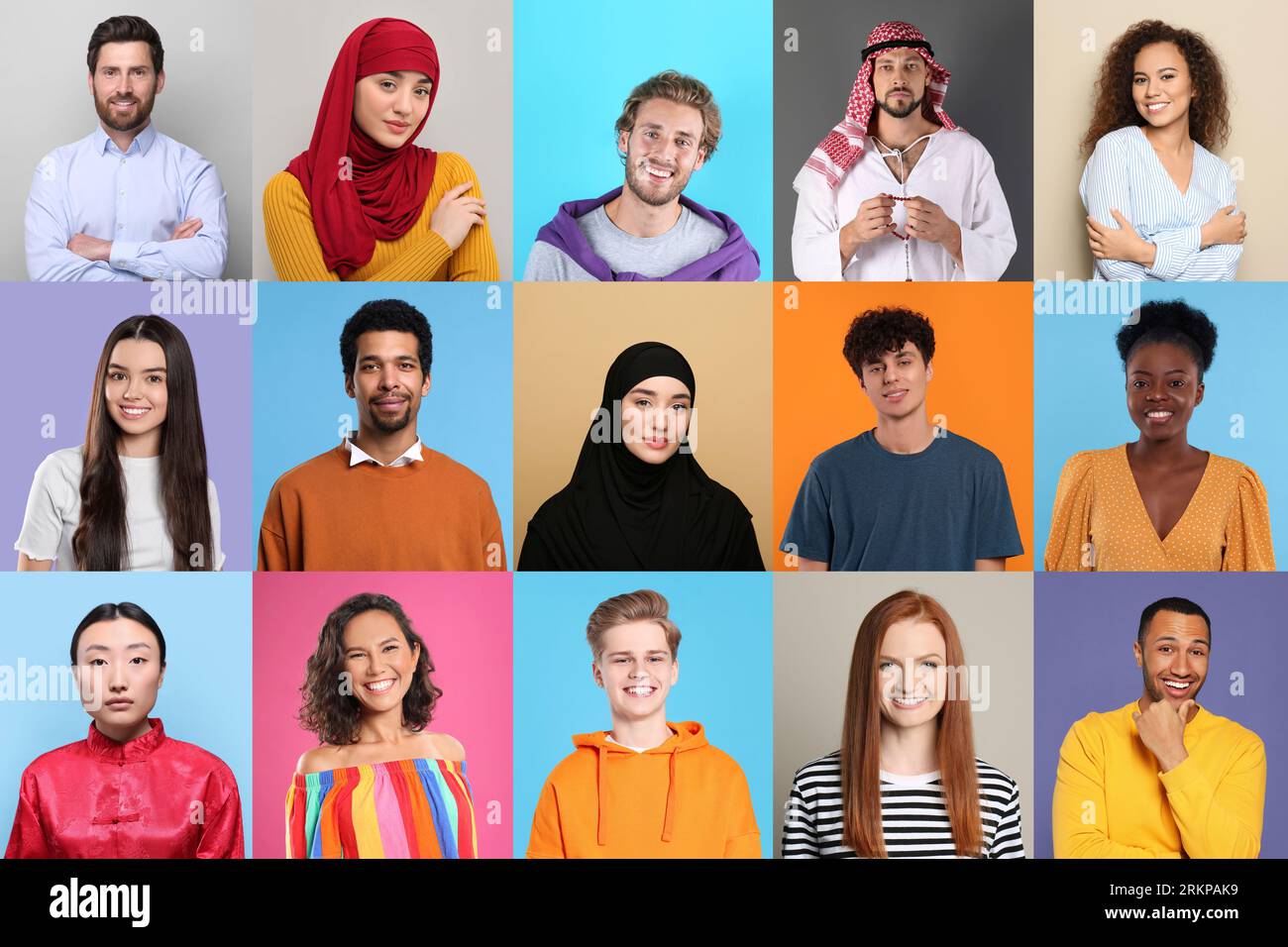 Collage with portraits of people on different color backgrounds Stock Photo - Alamy