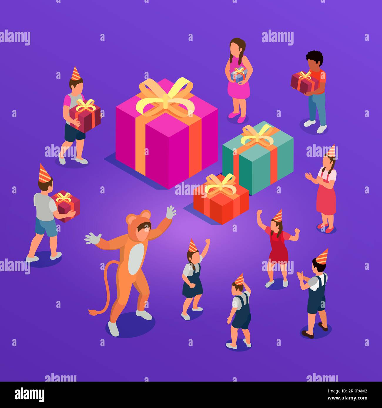 Birthday party isometric composition with children dancing getting ...