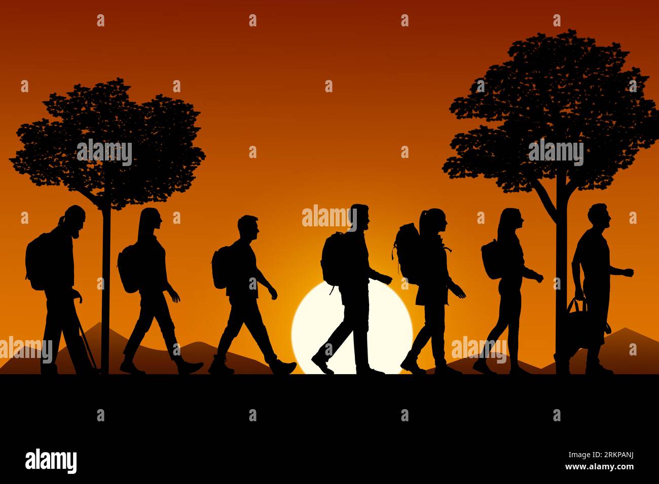 Immigration. Silhouettes of people walking outdoors at sunset ...