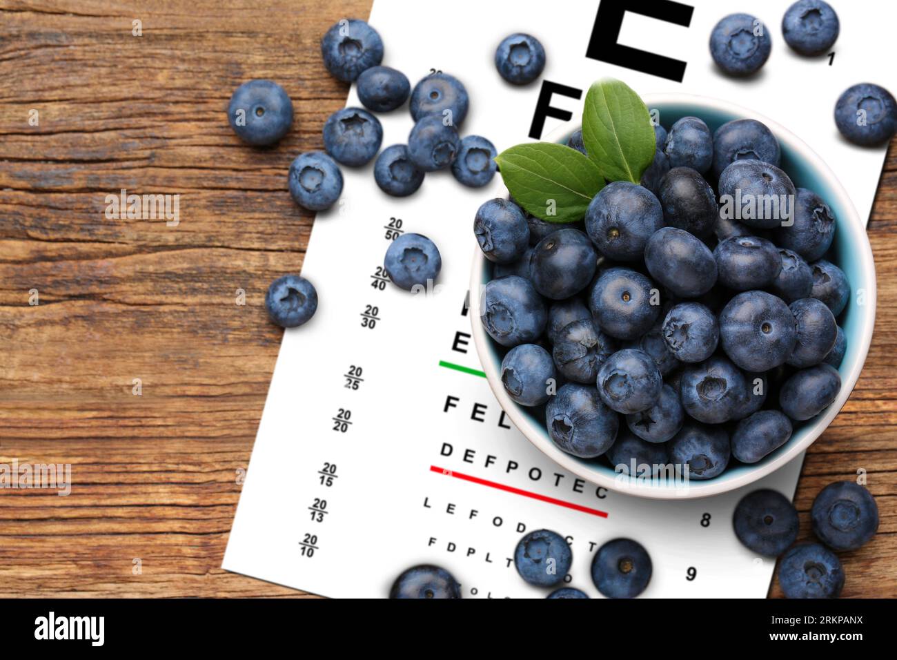 Improving eyesight. Vision test chart and blueberries on wooden table ...