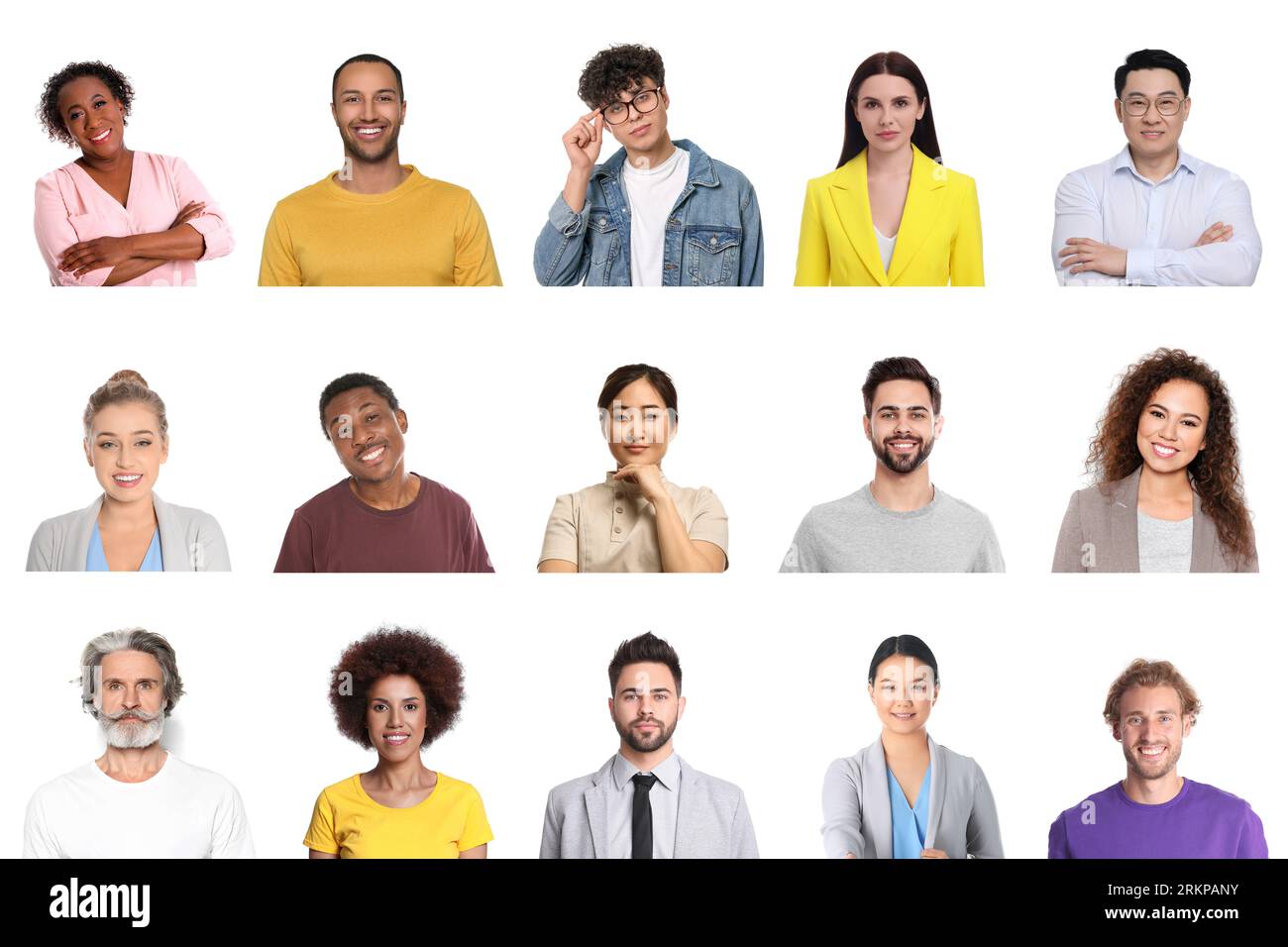 Collage with portraits of different people isolated on white Stock ...