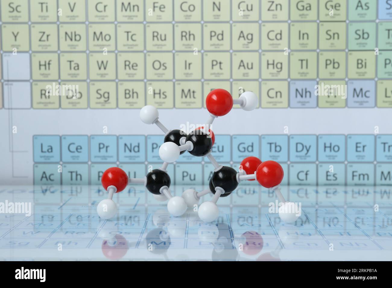 Molecular model on mirror surface against periodic table Stock Photo ...