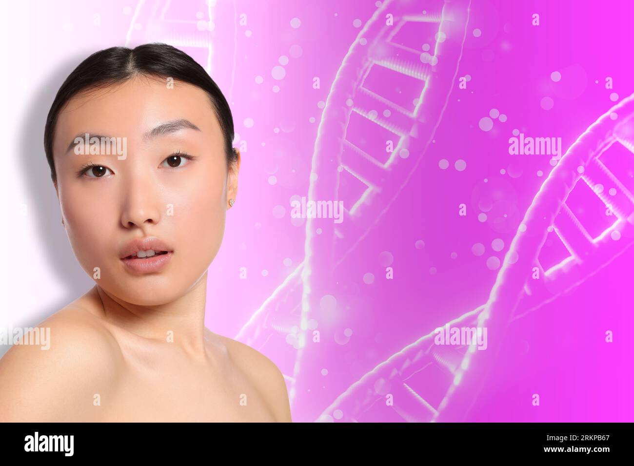 Beautiful woman and illustrations of DNA structure on pink background ...