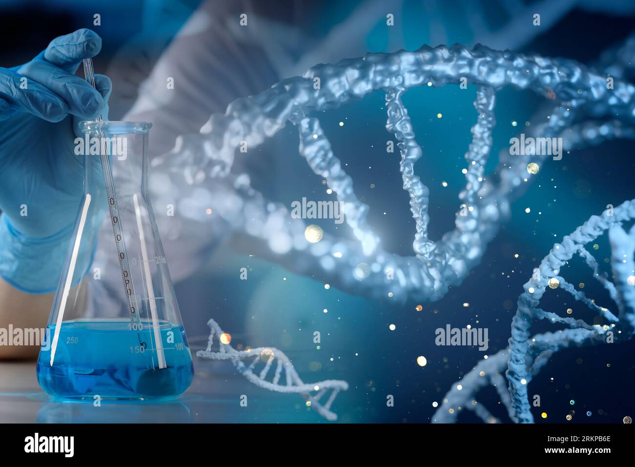 Double exposure with photo of scientist working with sample and ...