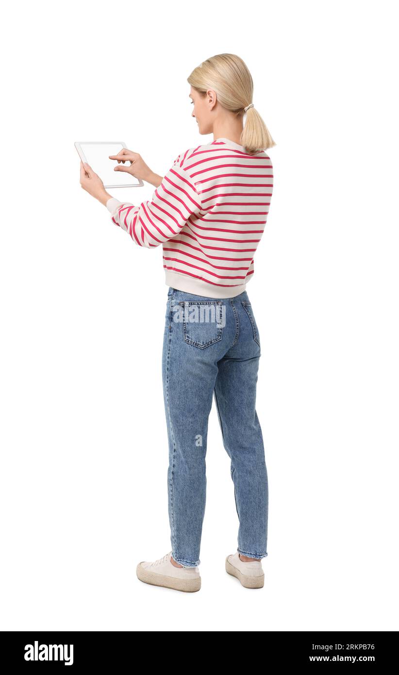 Woman using tablet with blank screen on white background Stock Photo ...