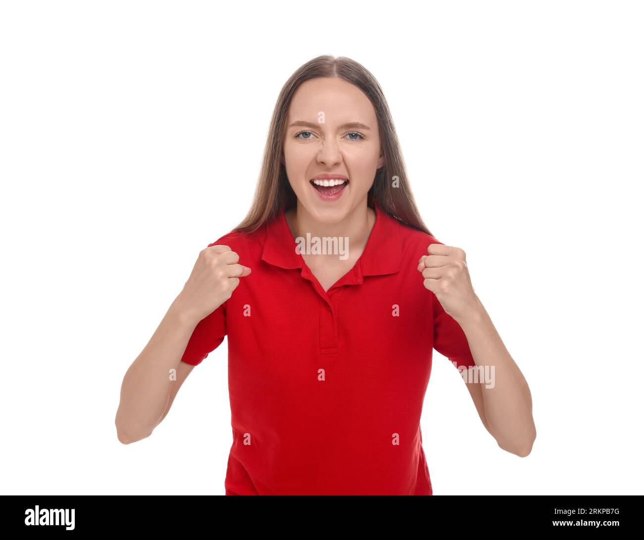 Emotional sports fan celebrating on white background Stock Photo - Alamy