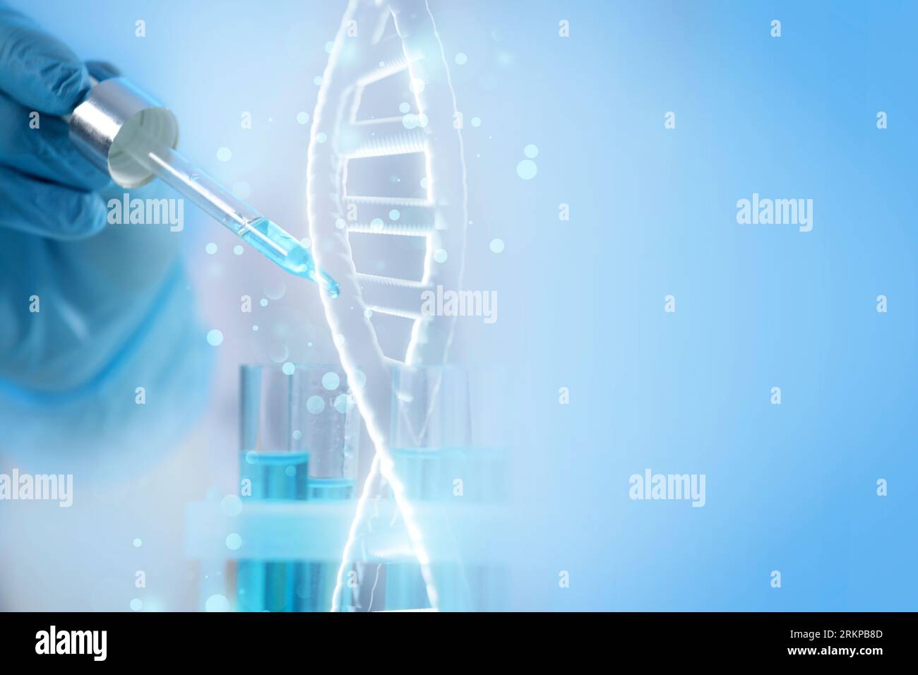 Double exposure with photo of scientist working with sample and ...