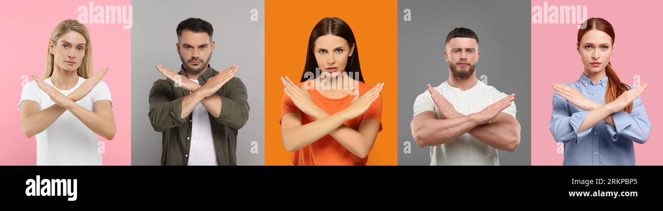 People showing stop gesture on different color backgrounds. Collage ...