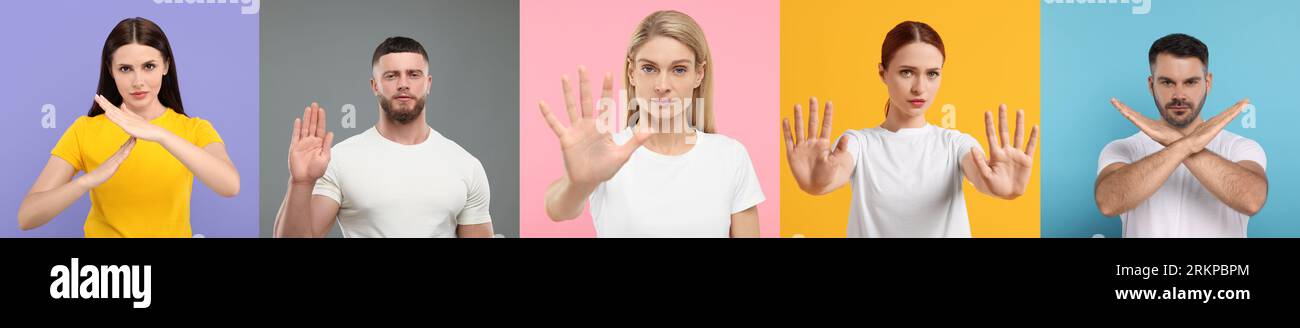 People showing stop and time out gestures on different color ...
