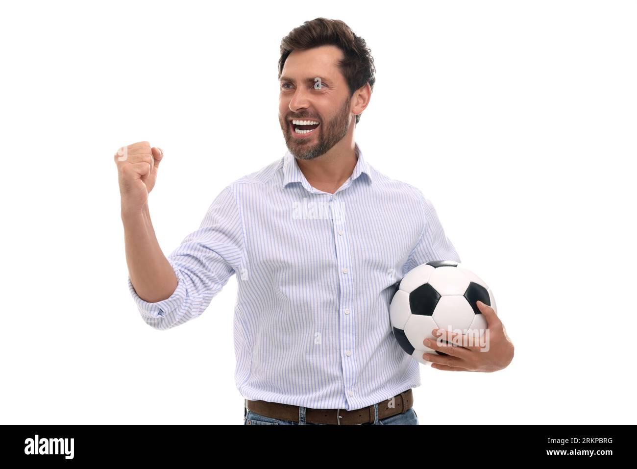 Emotional sports fan with soccer ball on white background Stock Photo ...