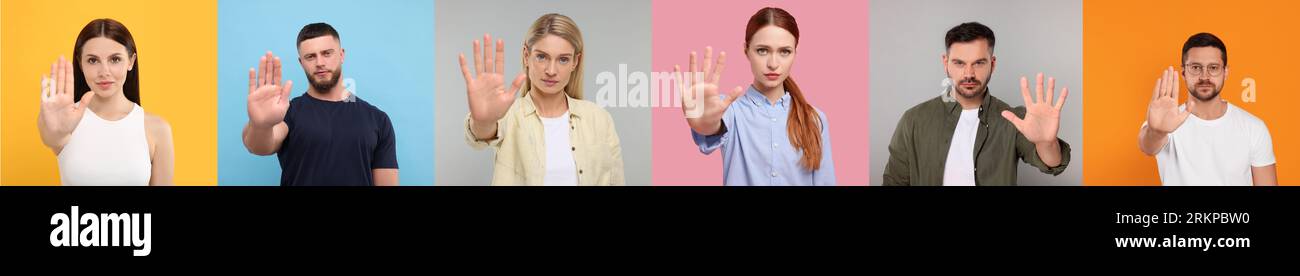 People showing stop gesture on different color backgrounds. Collage ...