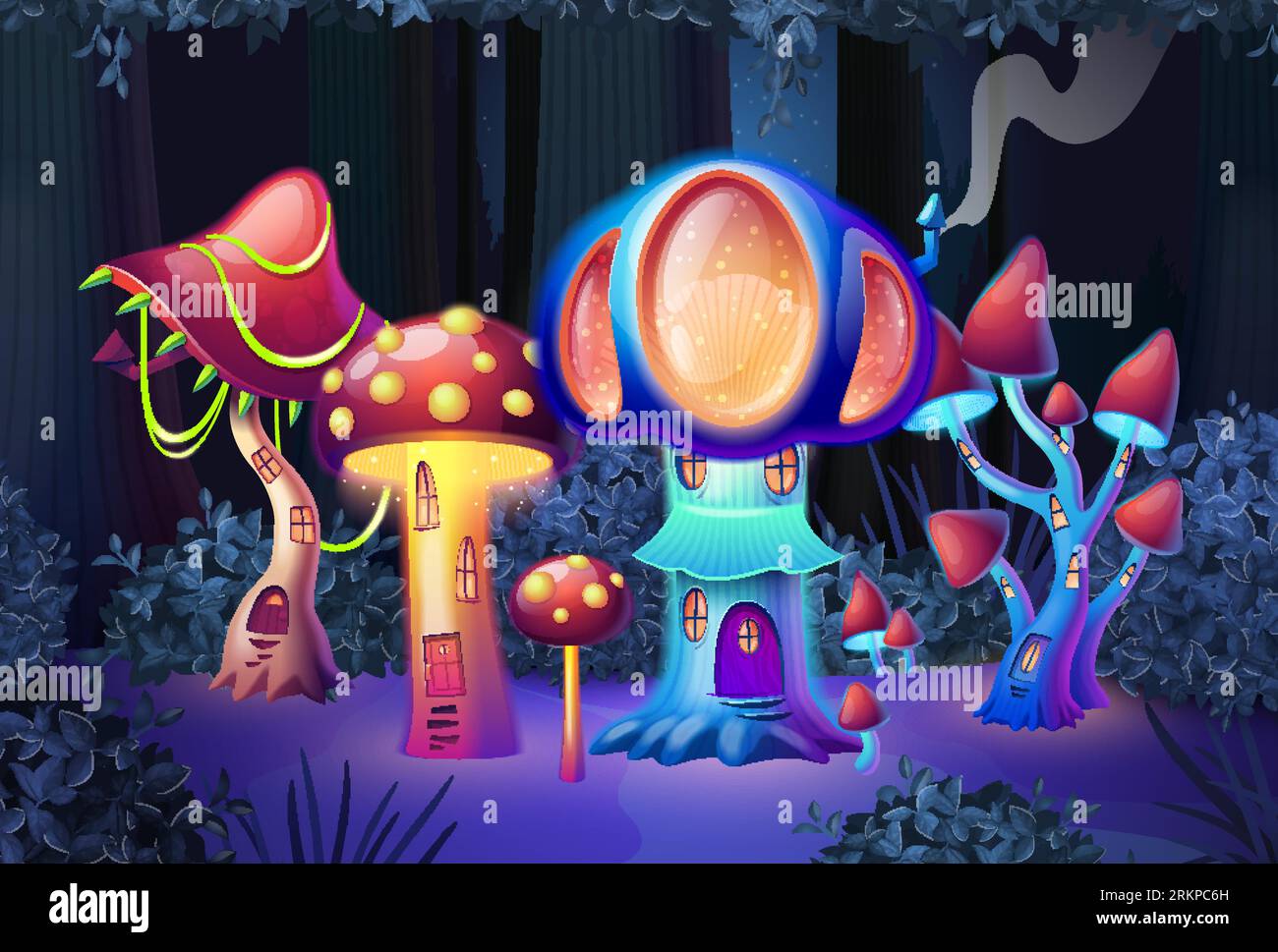Cartoon magic village in forest with colorful mushroom houses glowing ...