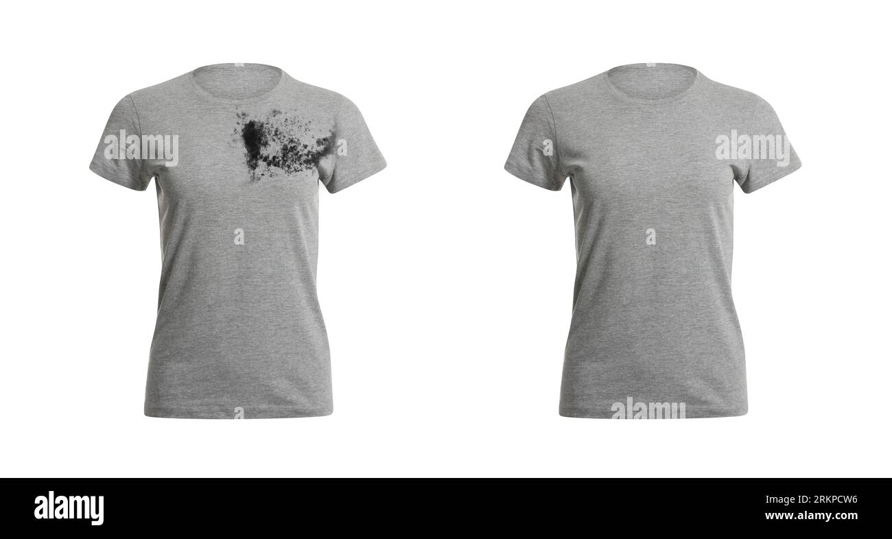 Collage with dirty and clean t-shirt isolated on white. Before and ...