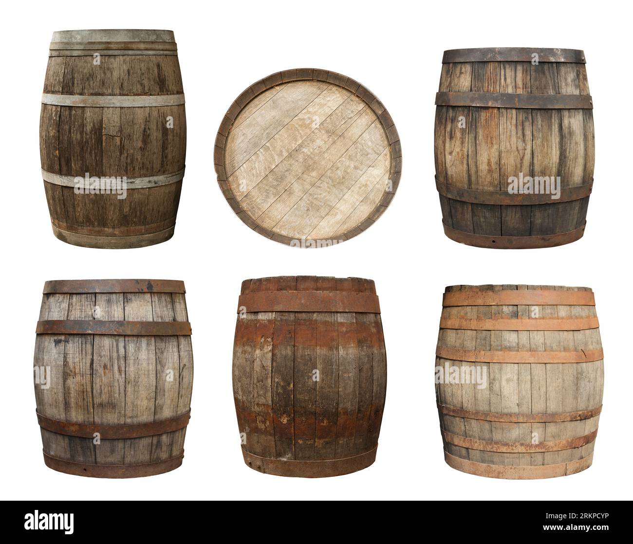 Different wooden barrels isolated on white, top and side views. Collage ...