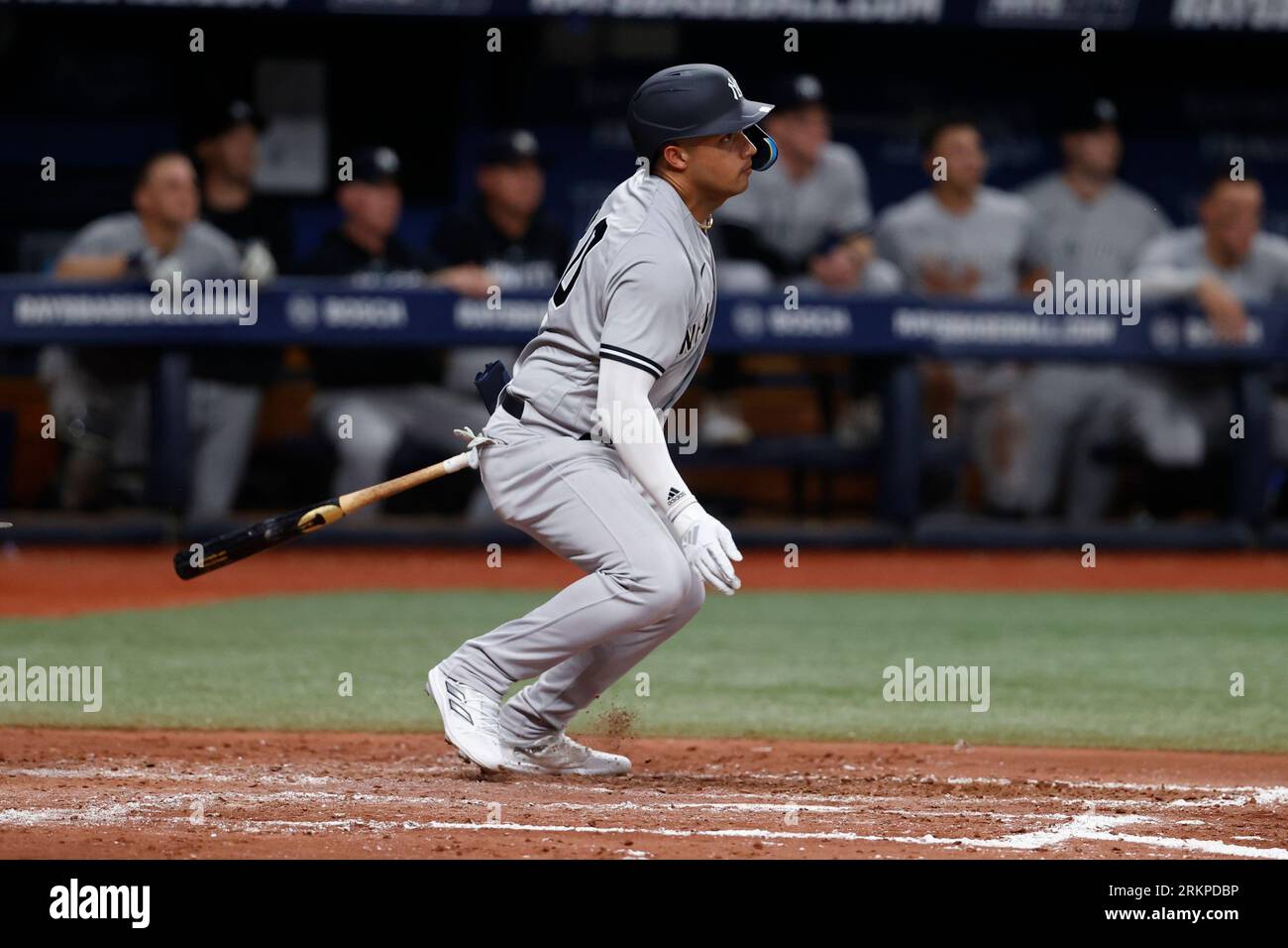 New York Yankees' Everson Pereira watches his RBI single against the ...