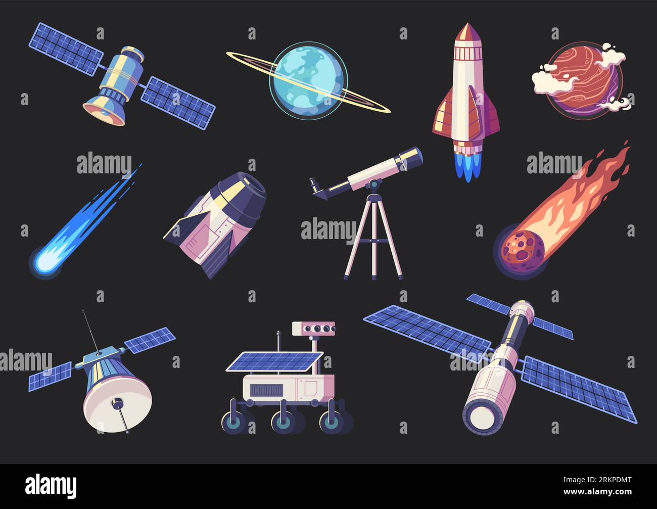 Space exploration cartoon set of isolated spaceships telescope ...