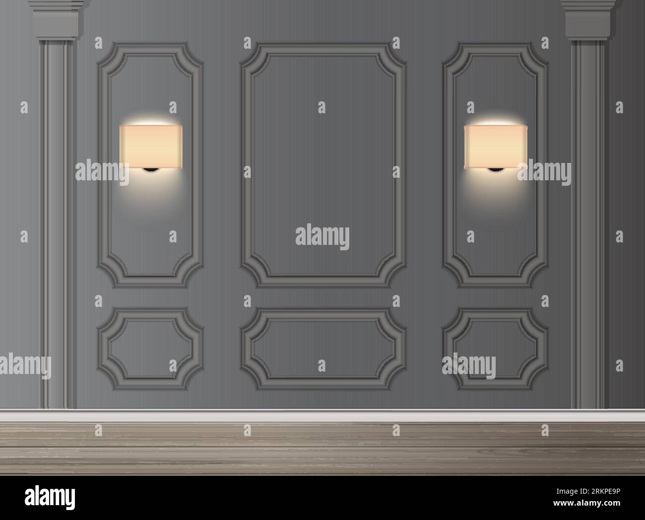 Classic interior with glowing lamps and wall panels realistic vector ...