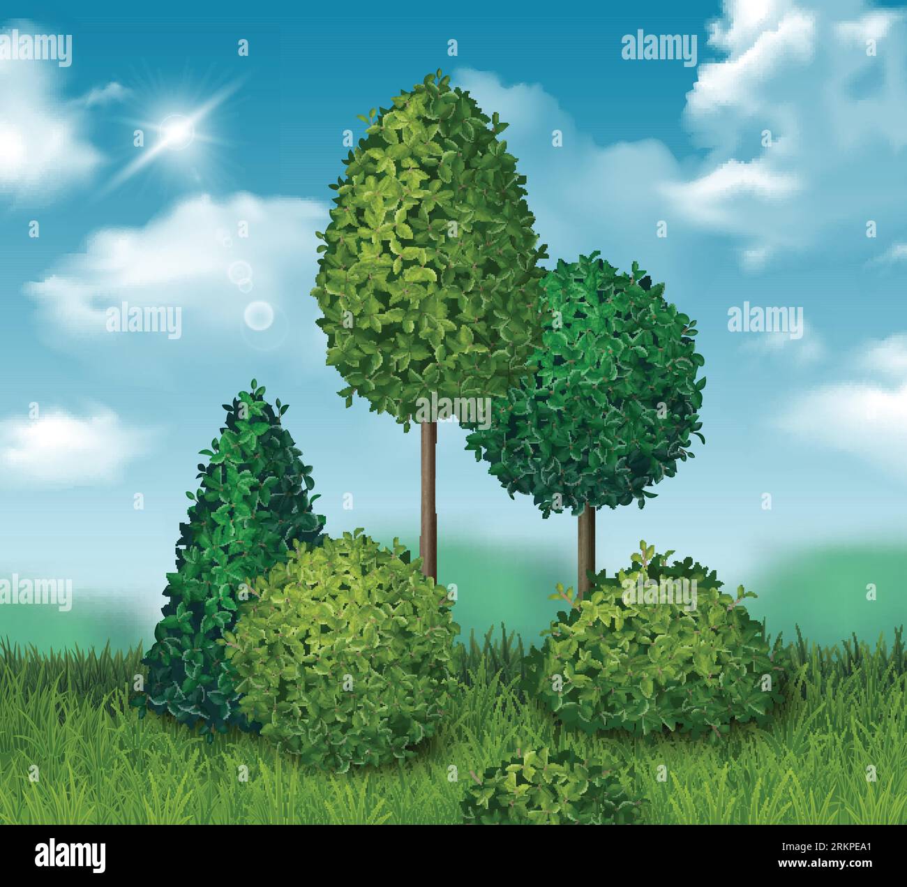 Green bushes and small trees ornamental plants in background with blue ...
