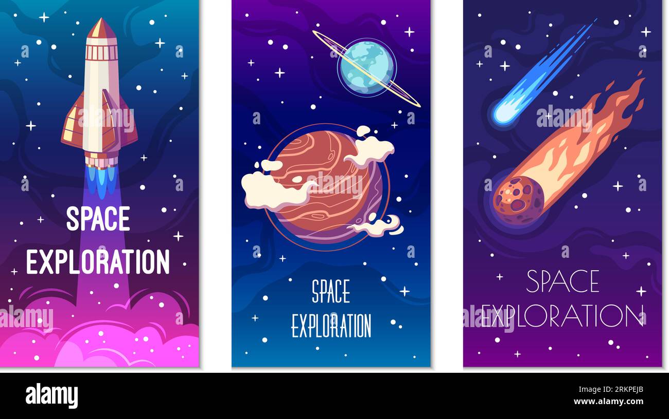 Space exploration vertical posters cartoon set with rocket launch ...