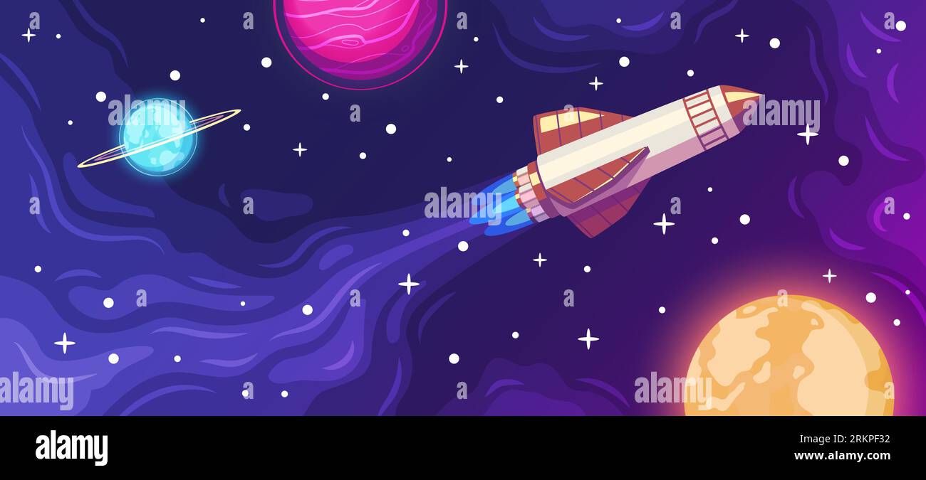 Cartoon space exploration horizontal poster with flying rocket vector ...