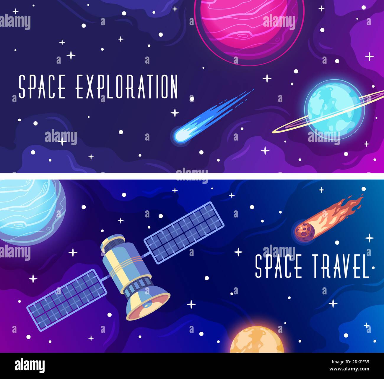Space exploration horizontal banners set with satellite and celestial bodies cartoon isolated ...