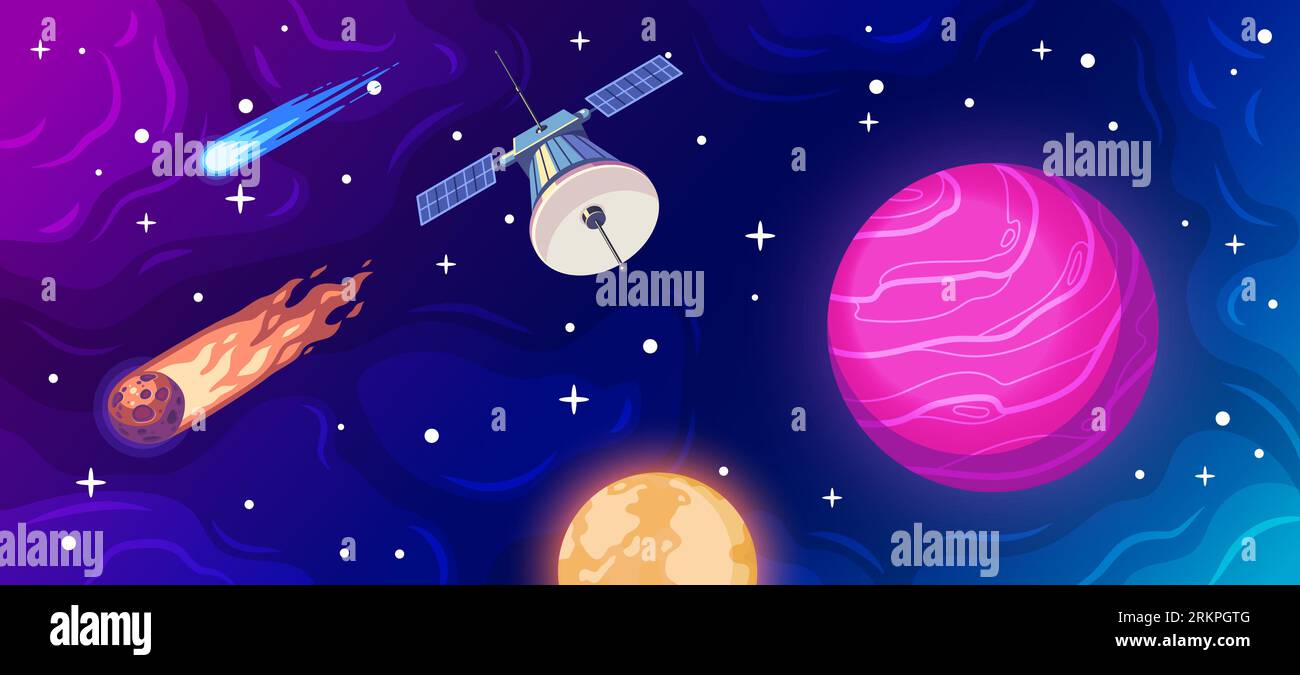 Horizontal space exploration poster with satellite planets and ...