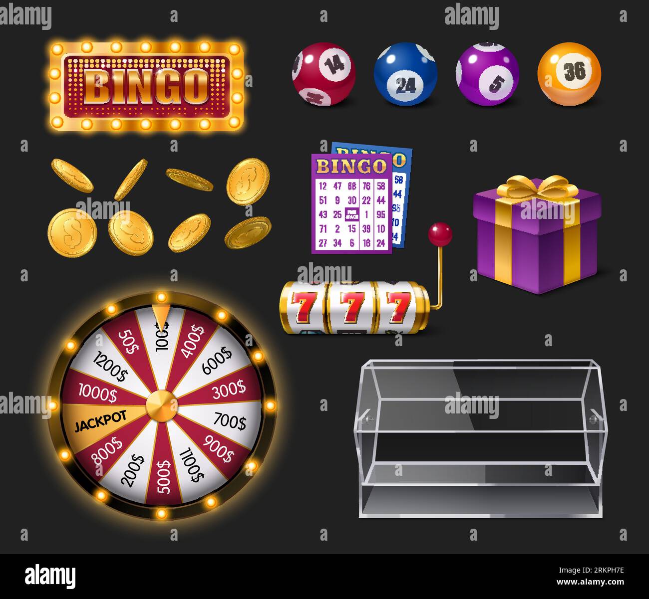 Bingo lottery realistic set with tickets coins balls plastic drum ...