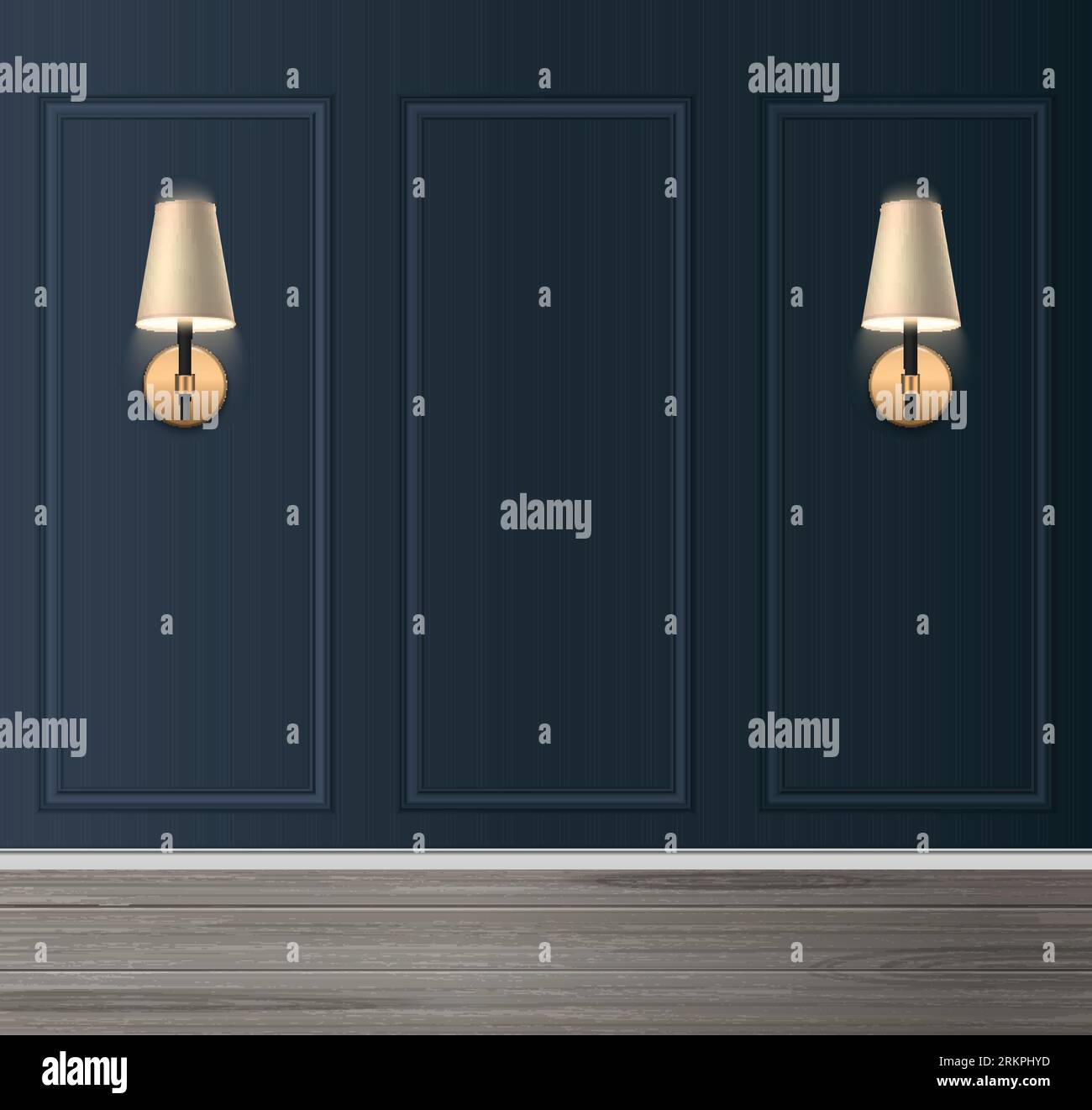 Realistic classic room interior with dark blue panels and glowing wall ...