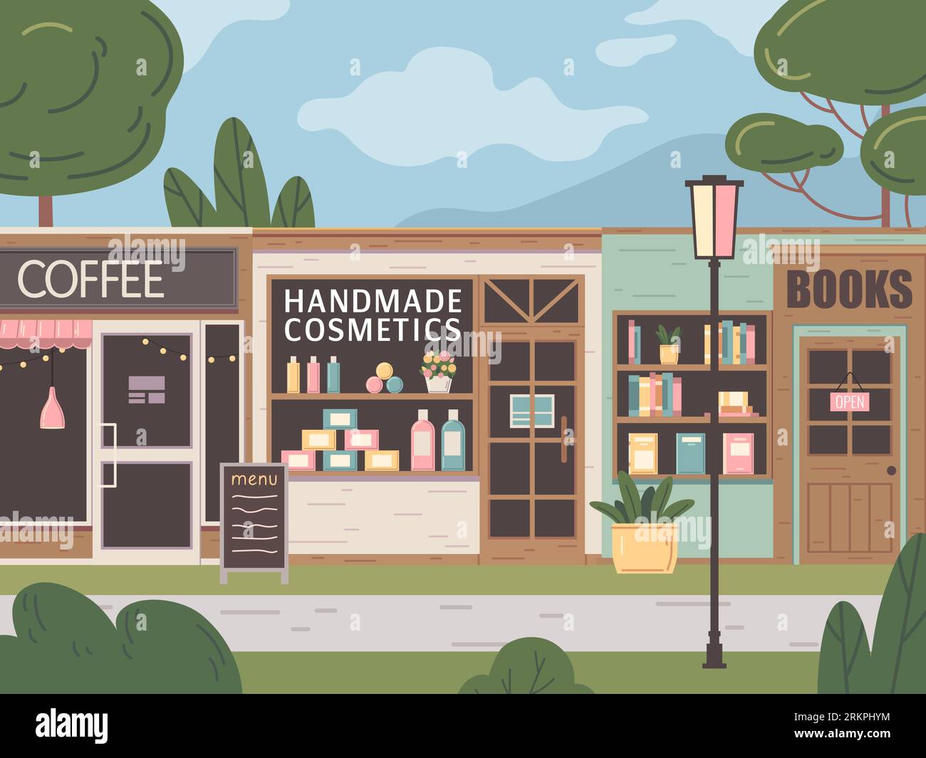 Small business facades in flat style with coffee handmade cosmetics and ...