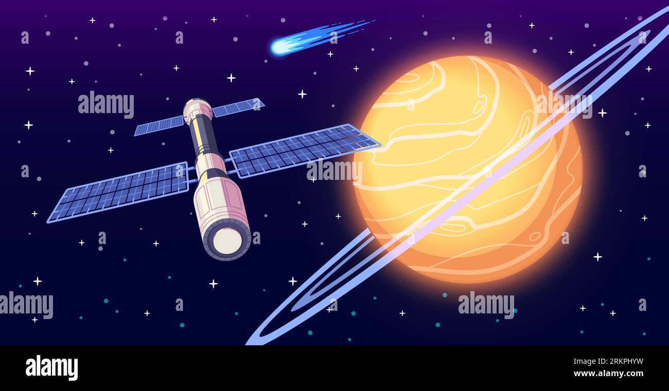 Space exploration cartoon poster with saturn and cosmic station vector ...