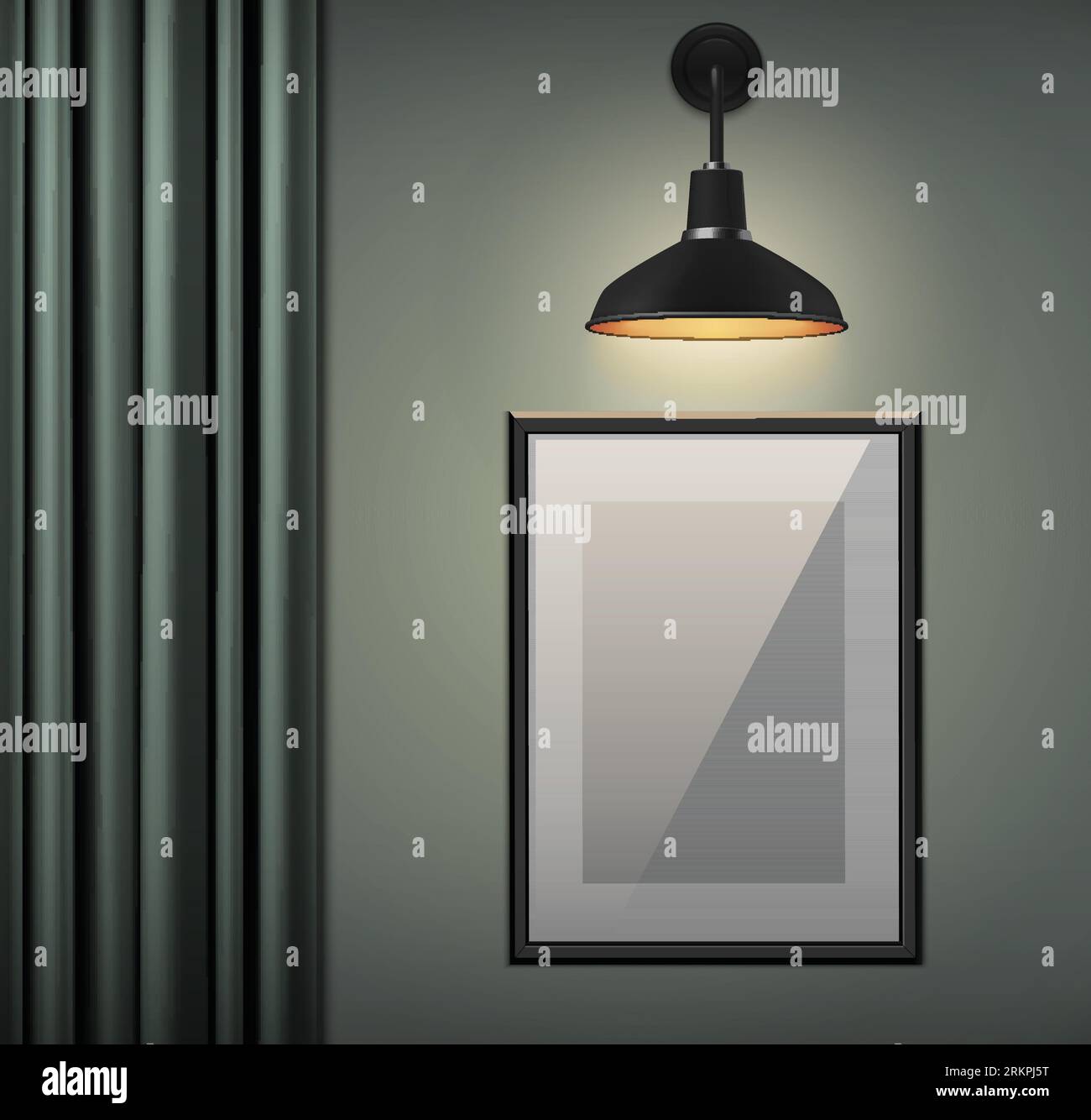 Modern room interior with glowing wall lamp blank picture frame and ...