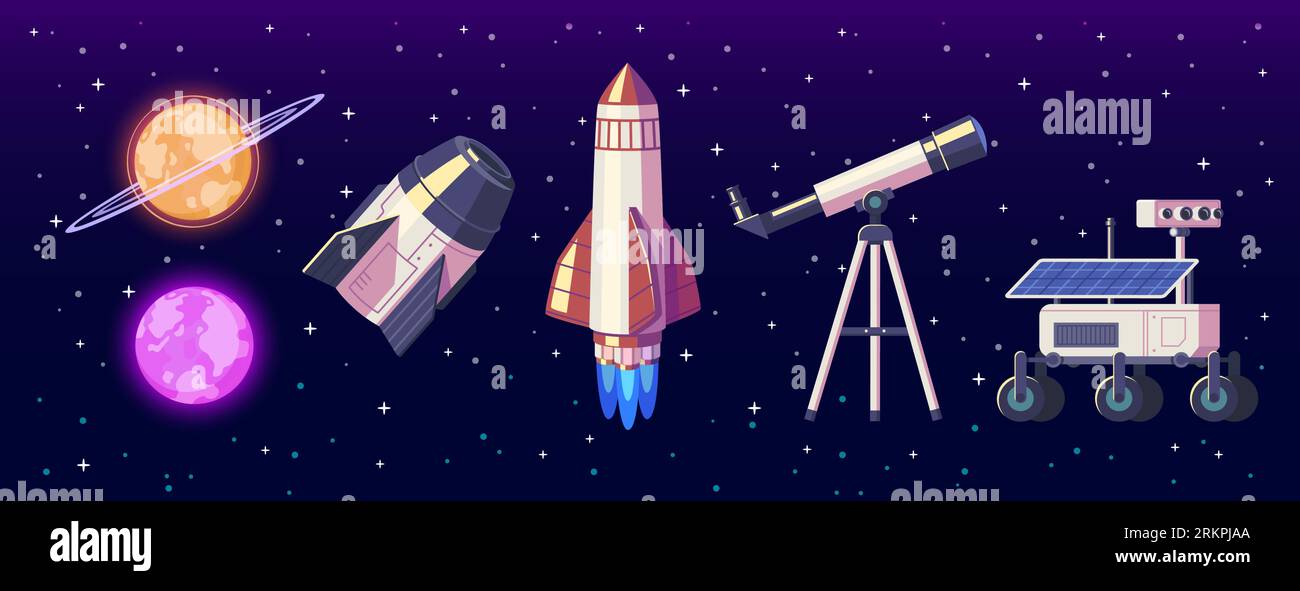 Space exploration cartoon composition with planets and equipment for ...